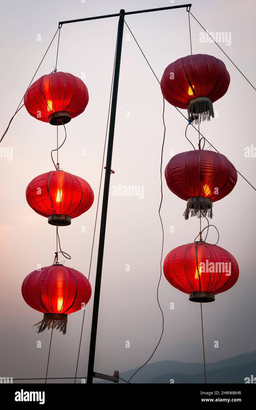 Traditional red lanterns at the waterfront of Cheung Chau, an Outlying ...