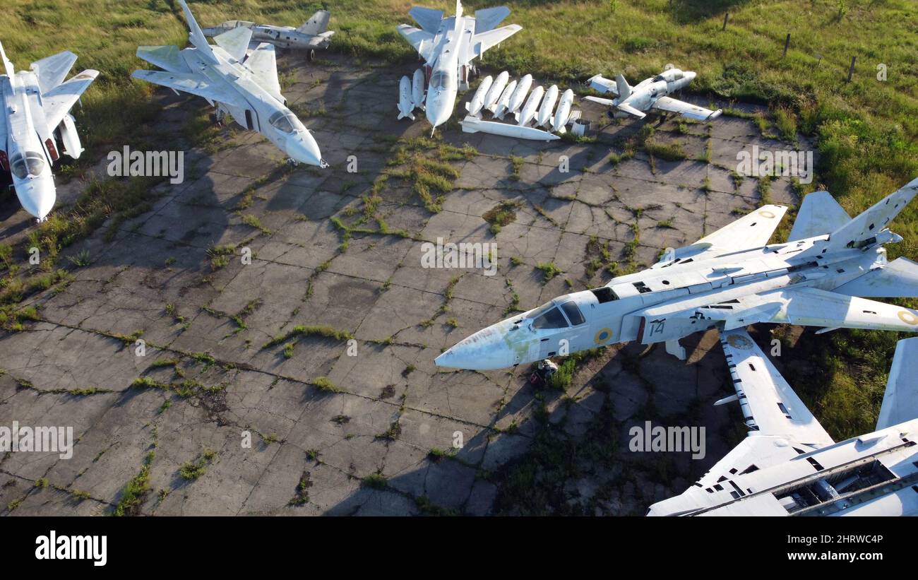 Aerial drone view flight over old rusty broken plane aircraft Stock ...