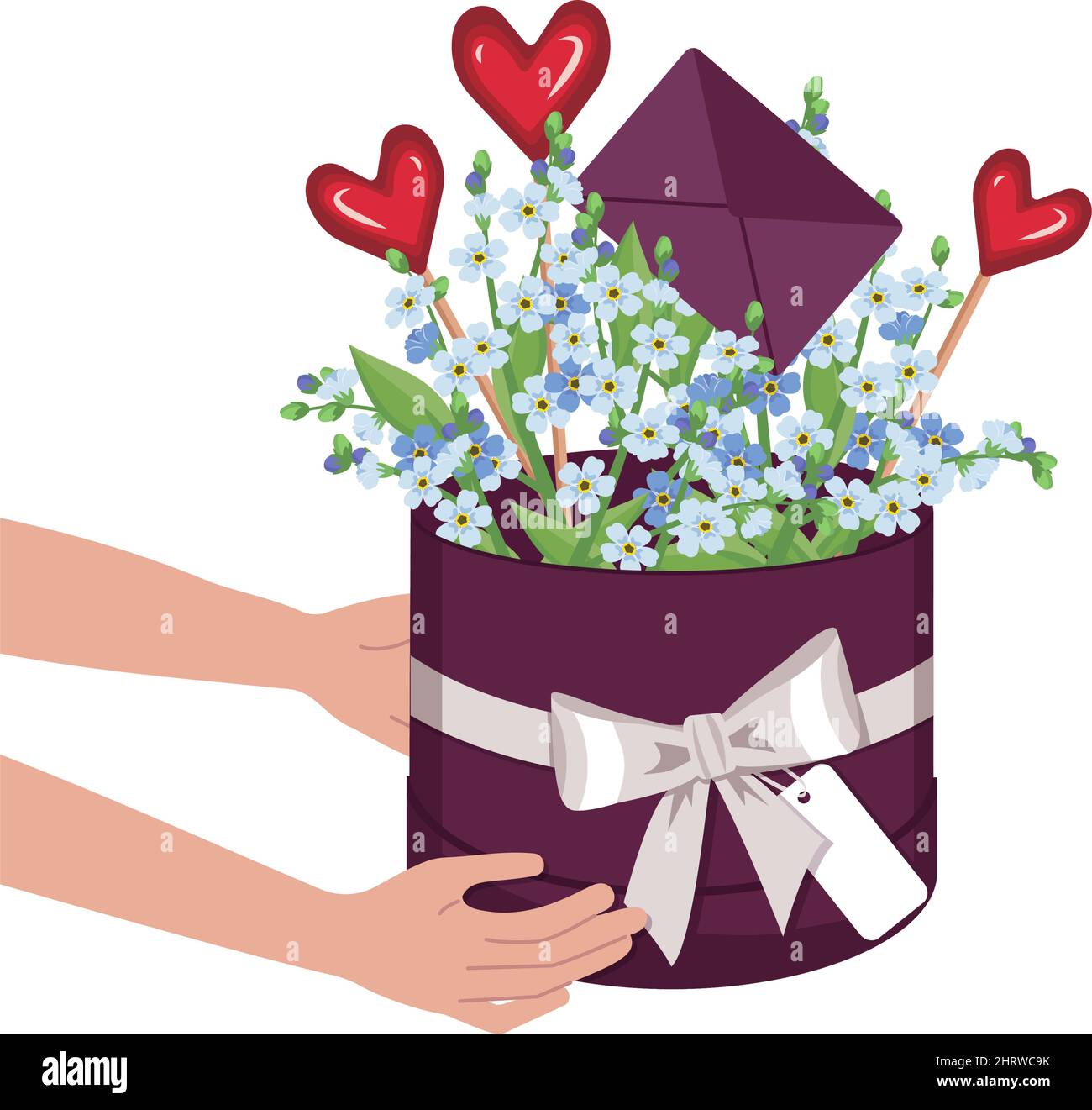 Hands holding box with blue forget me not flowers and hearts on stick ...