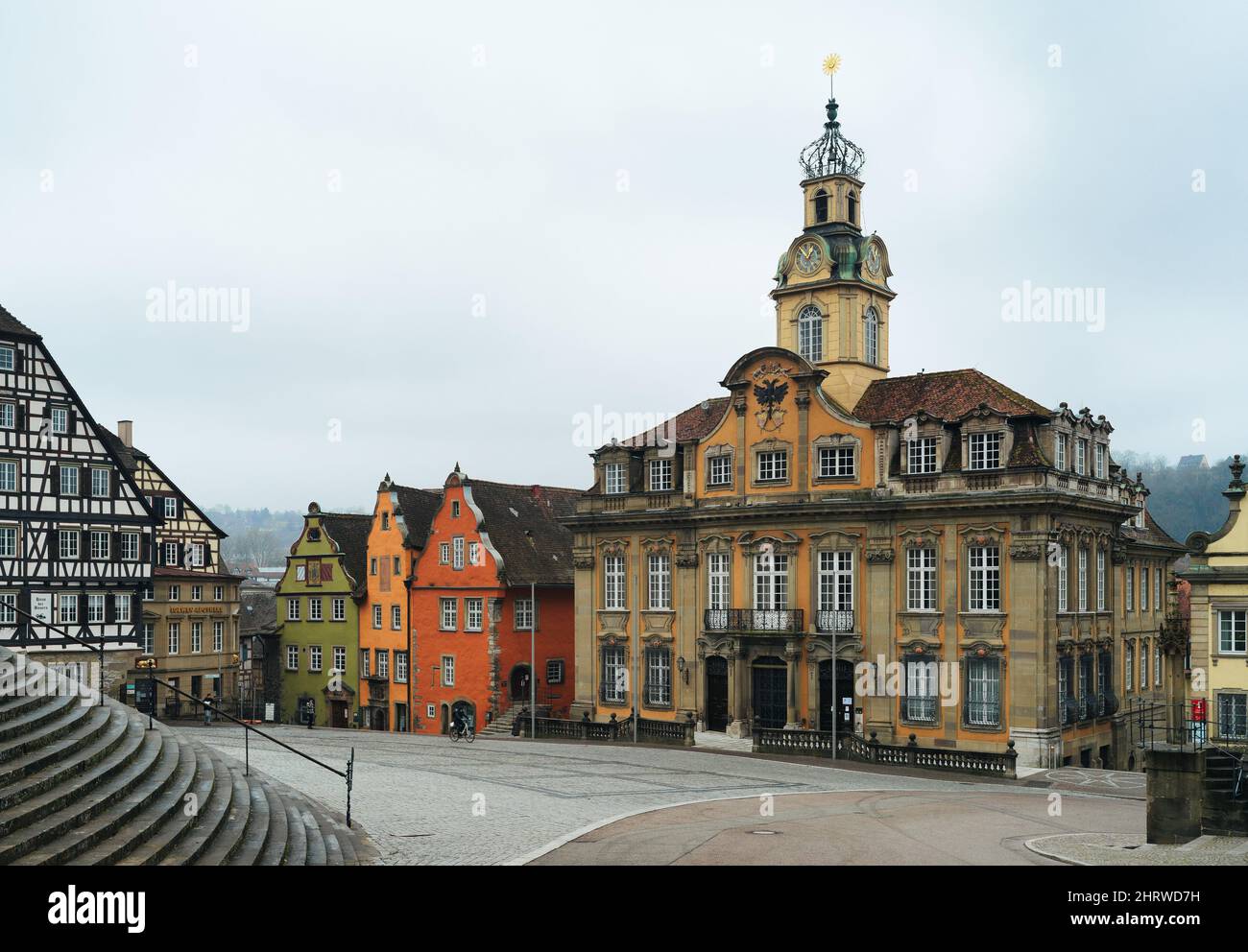 Facade of the town hall and colorful buildings of Schwabisch Hall Stock ...