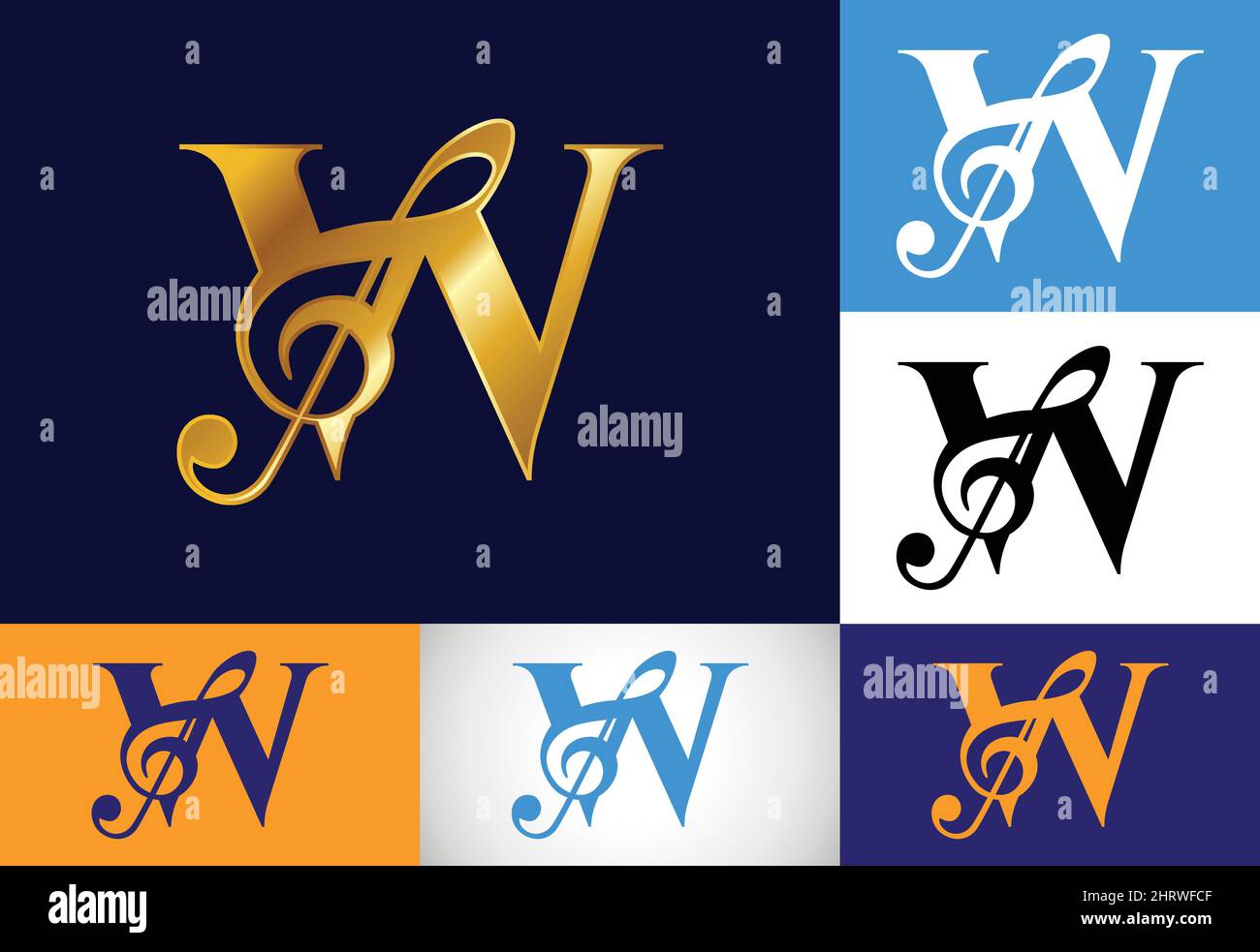 Initial W monogram alphabet with a musical note. Symphony or melody ...