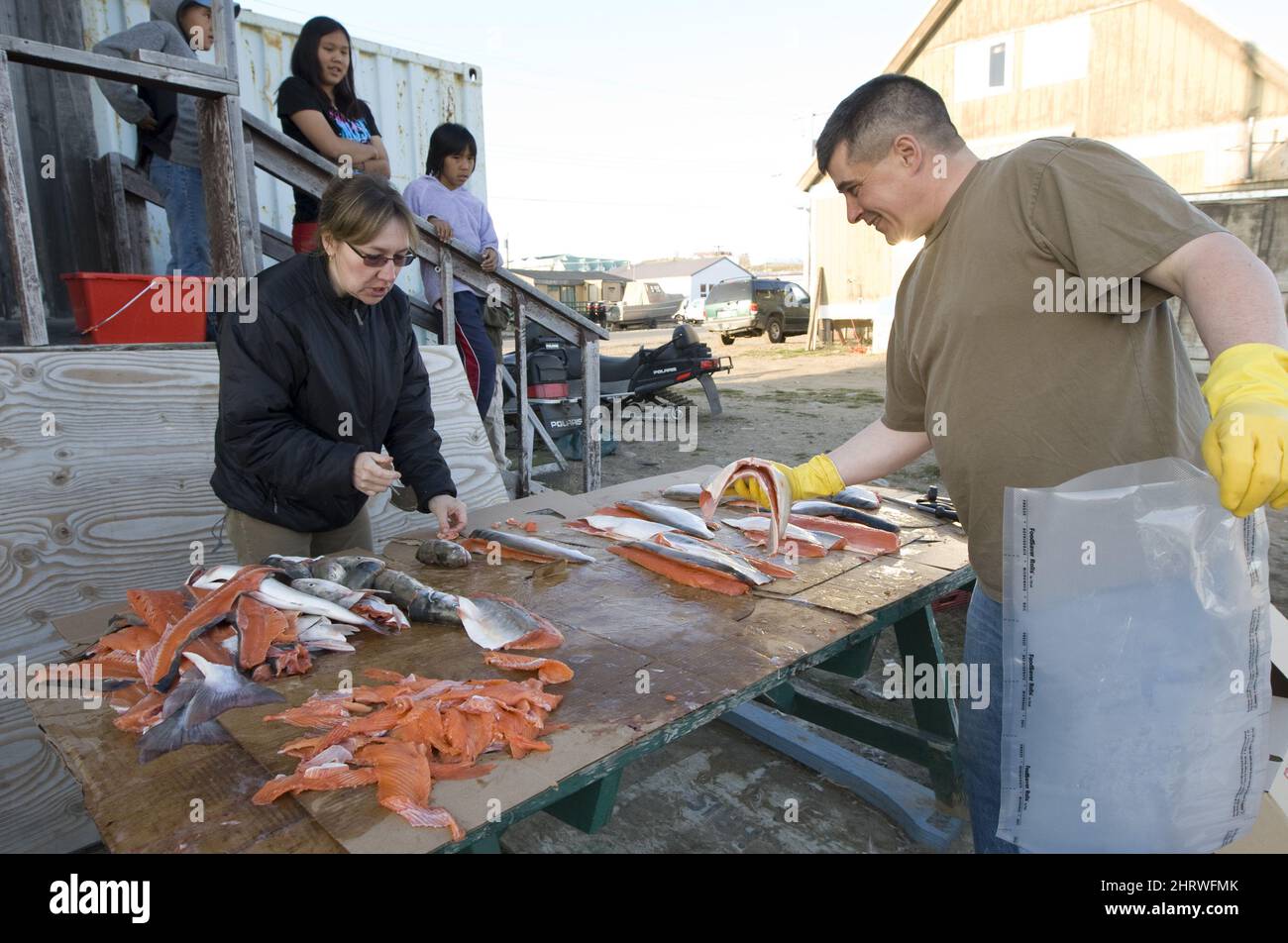 Eva and Chris Groves clean and package artic char in Iqaluit, Nunavut ...