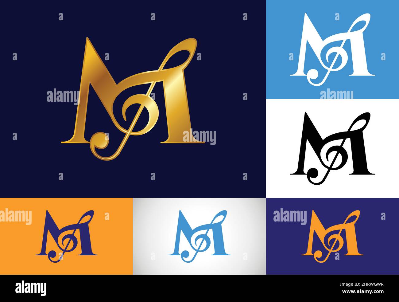 Initial M monogram alphabet with a musical note. Symphony or melody ...