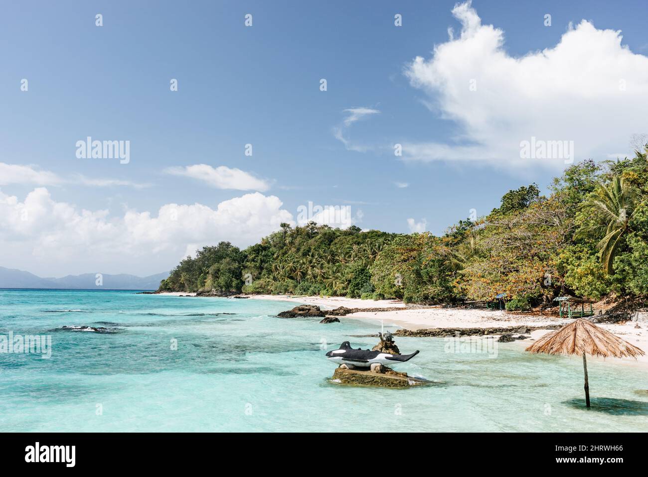 Landscape of the Bon Bon Beach surrounded by hills and sea in Romblon ...