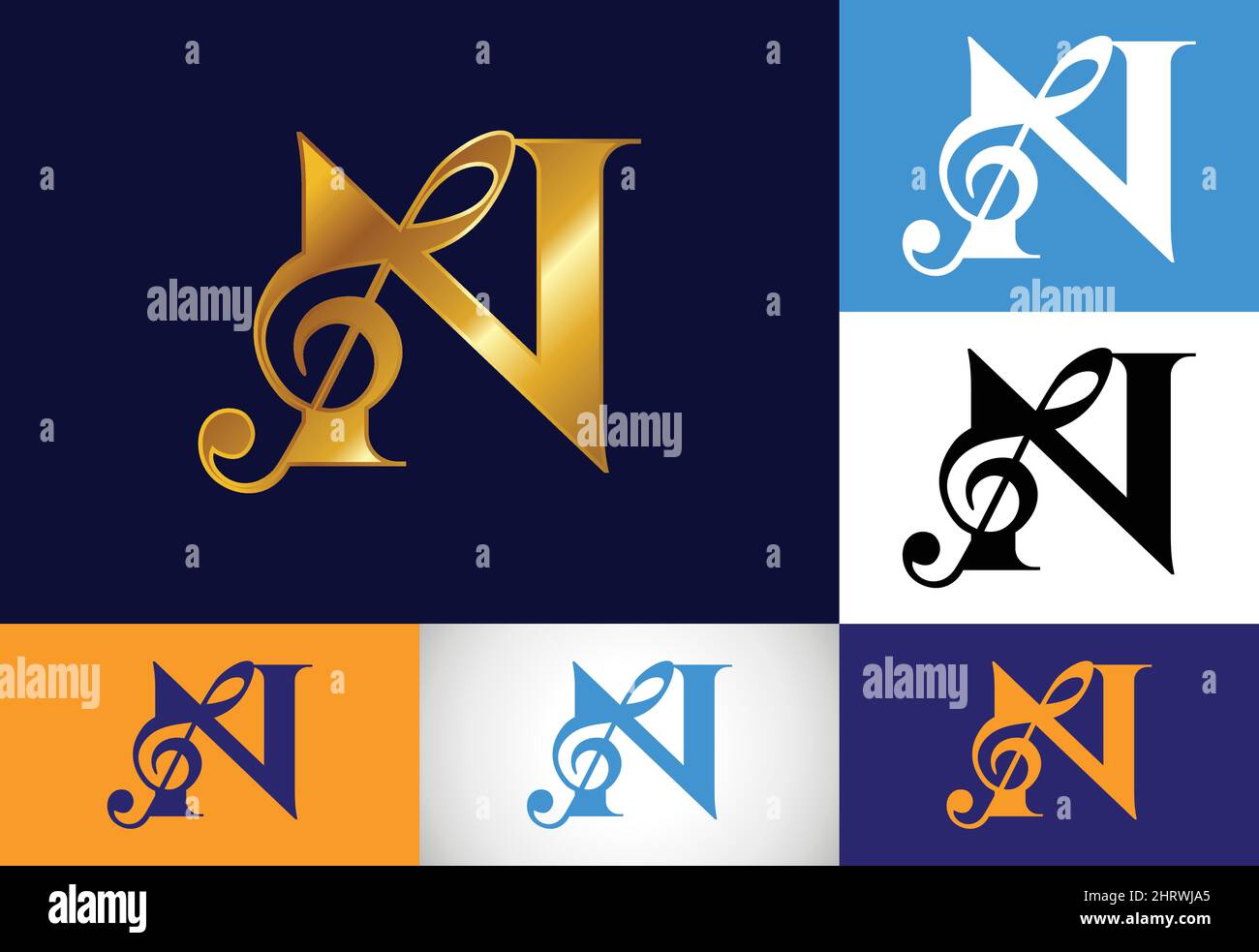 Initial N monogram alphabet with a musical note. Symphony or melody ...
