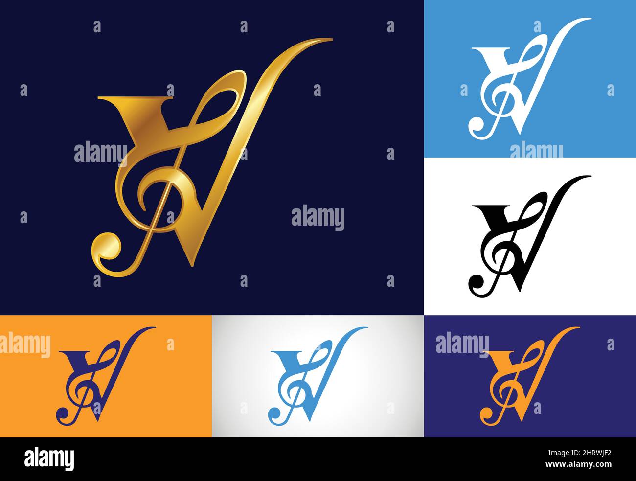 Initial V monogram alphabet with a musical note. Symphony or melody ...