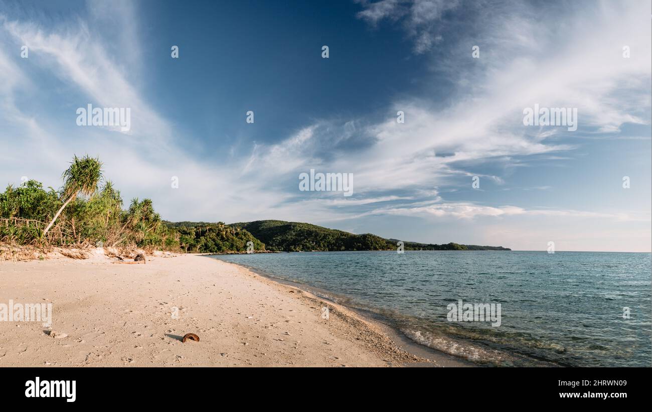 Landscape of the Bon Bon Beach surrounded by hills and sea in Romblon ...