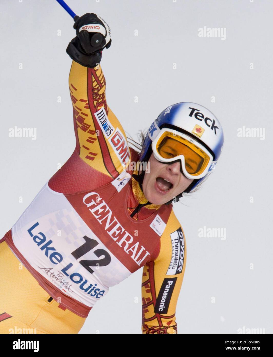 Canadian Emily Brydon, of Fergie, B.C., celebrates her third place ...