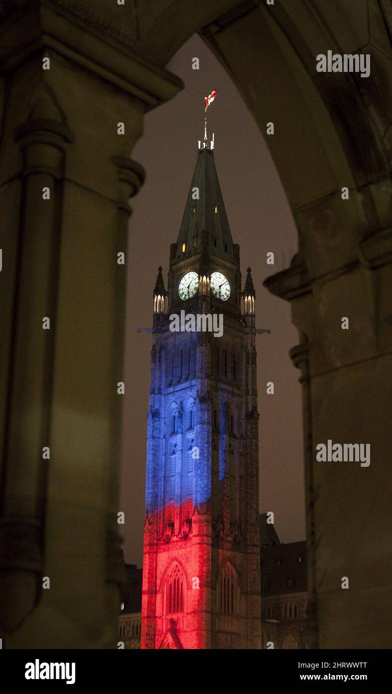 The Peace Tower is lit up in the colors of the Hatian flag on ...