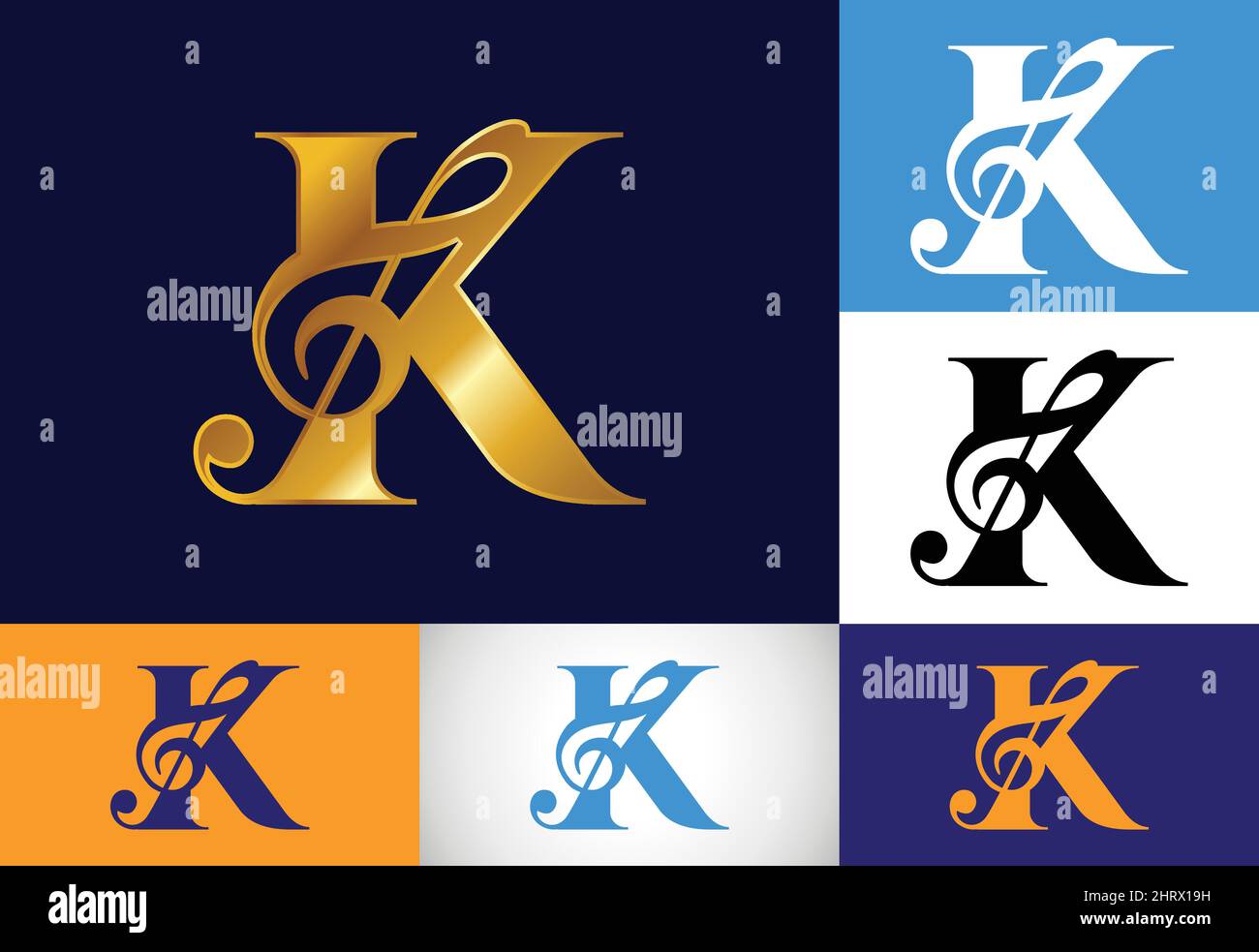 Initial K monogram alphabet with a musical note. Symphony or melody ...