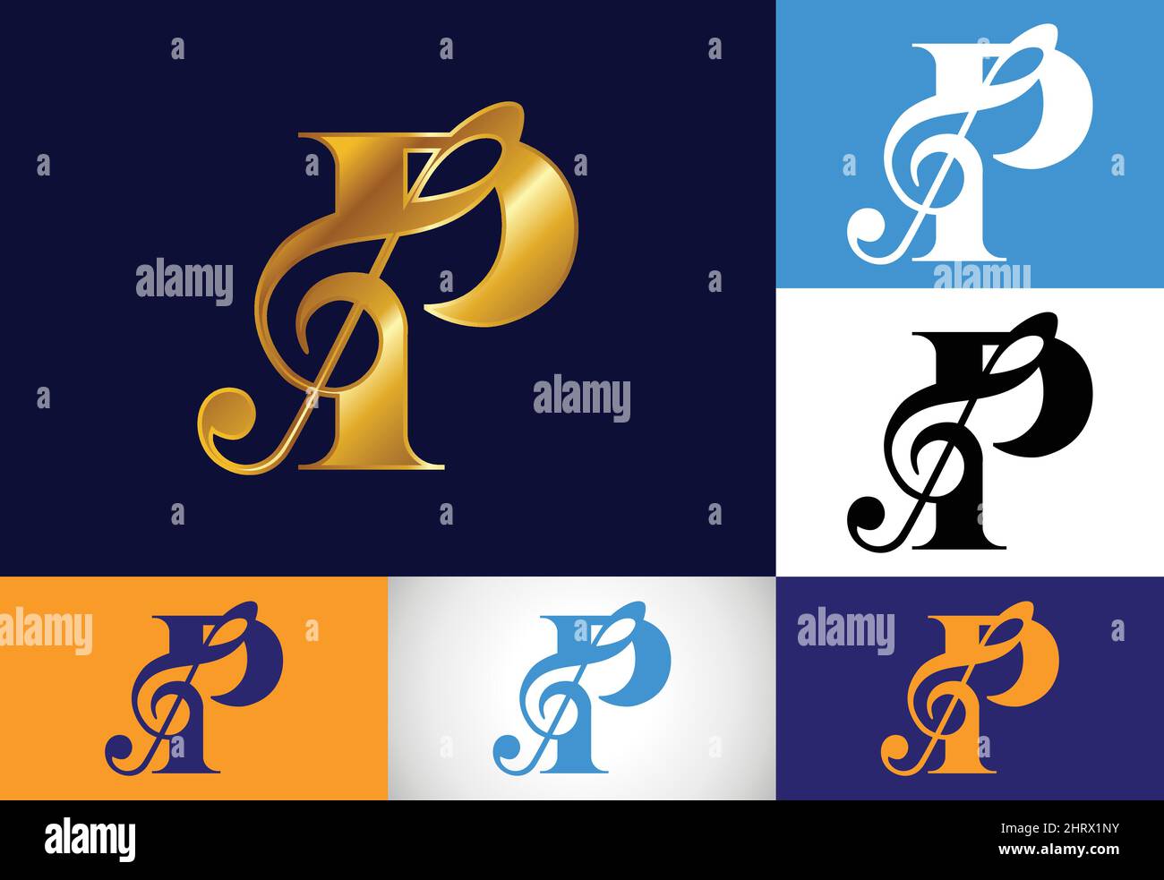 Initial P monogram alphabet with a musical note. Symphony or melody ...