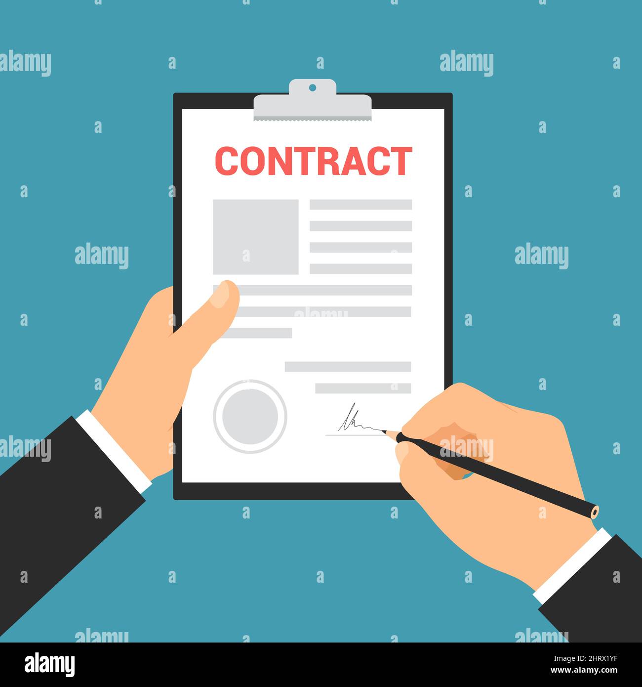 Flat design illustration of manager hand signing contract on white ...