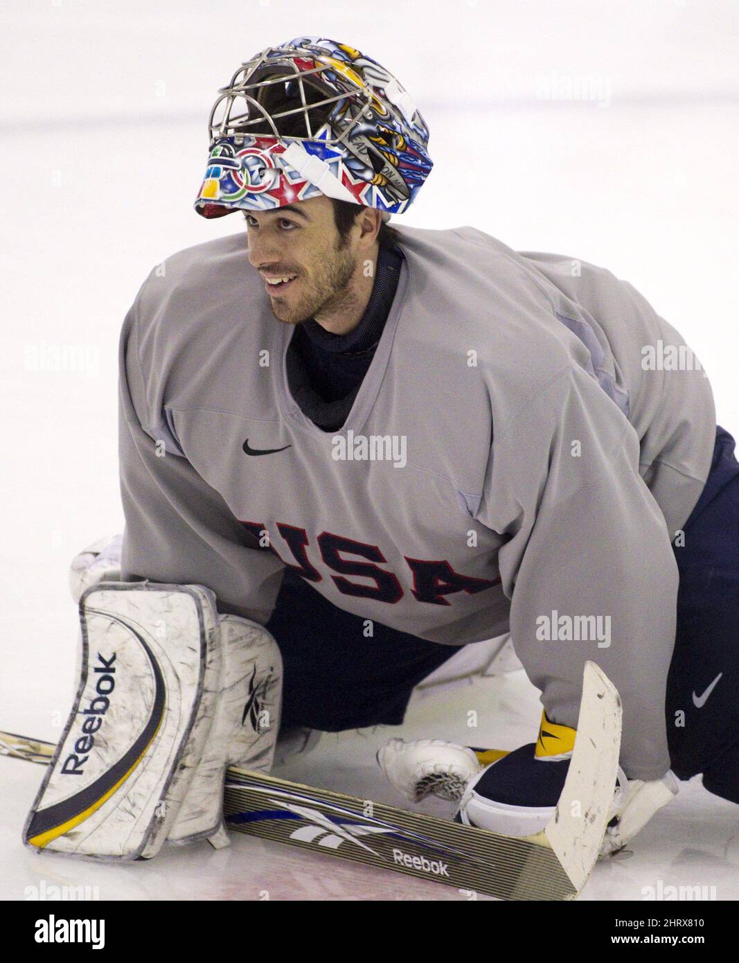 Team USA's goaltender Ryan Miller stretches Saturday, Feb. 20, 2010 ...