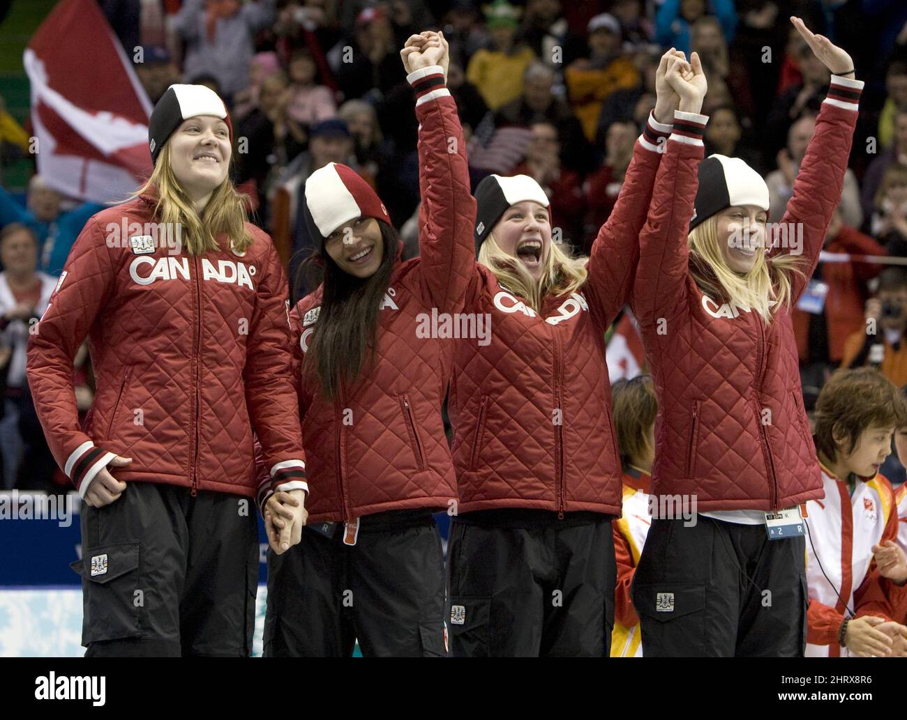 Canadian womens relay team cheer after winning the silver medal in the ...