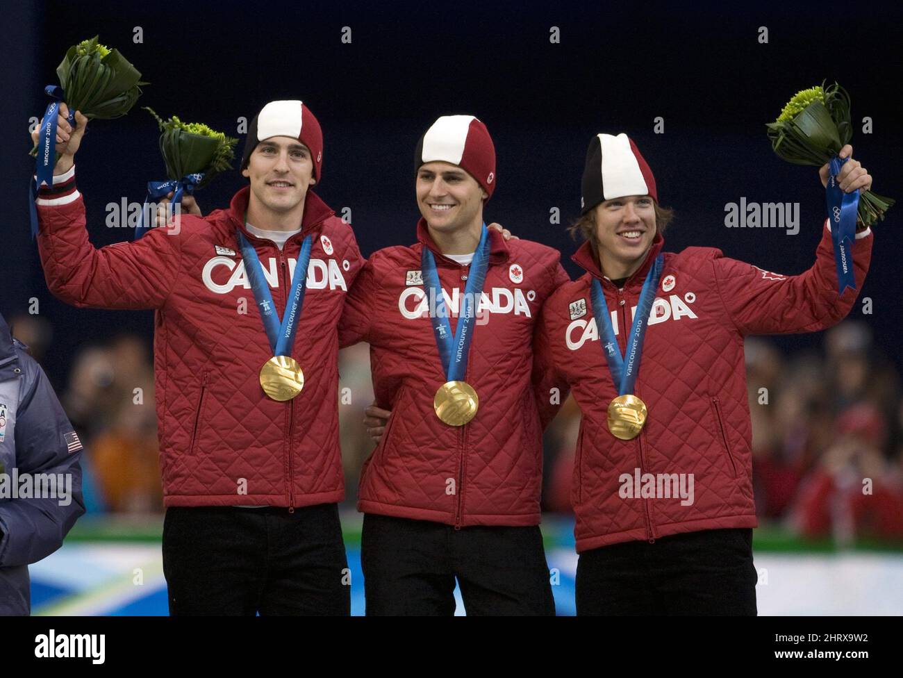 Canadian speed skaters Denny Morrison, left, Lucas Makowsky and Mathieu ...