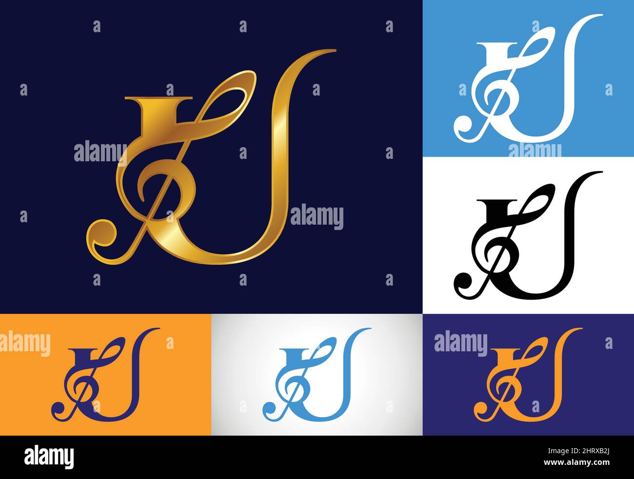 Initial U monogram alphabet with a musical note. Symphony or melody ...