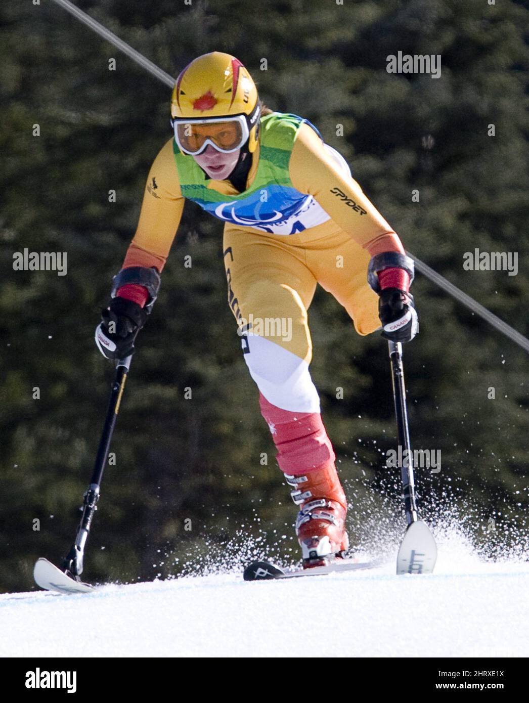 Andrea Dziewior of Canada skis during the women's downhill, standing ...