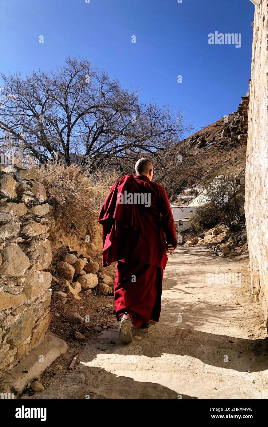 Monk in a maroon robe walking on a dirt path at a rural area Stock ...