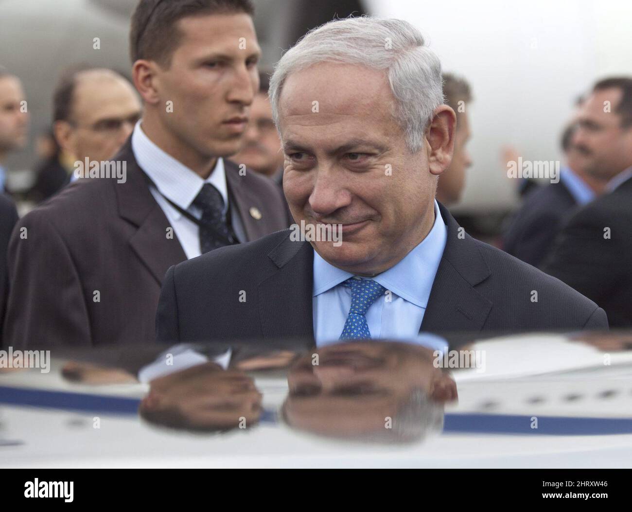 Israeli Prime Minister Benjamin Netanyahu is reflected in the roof of a ...