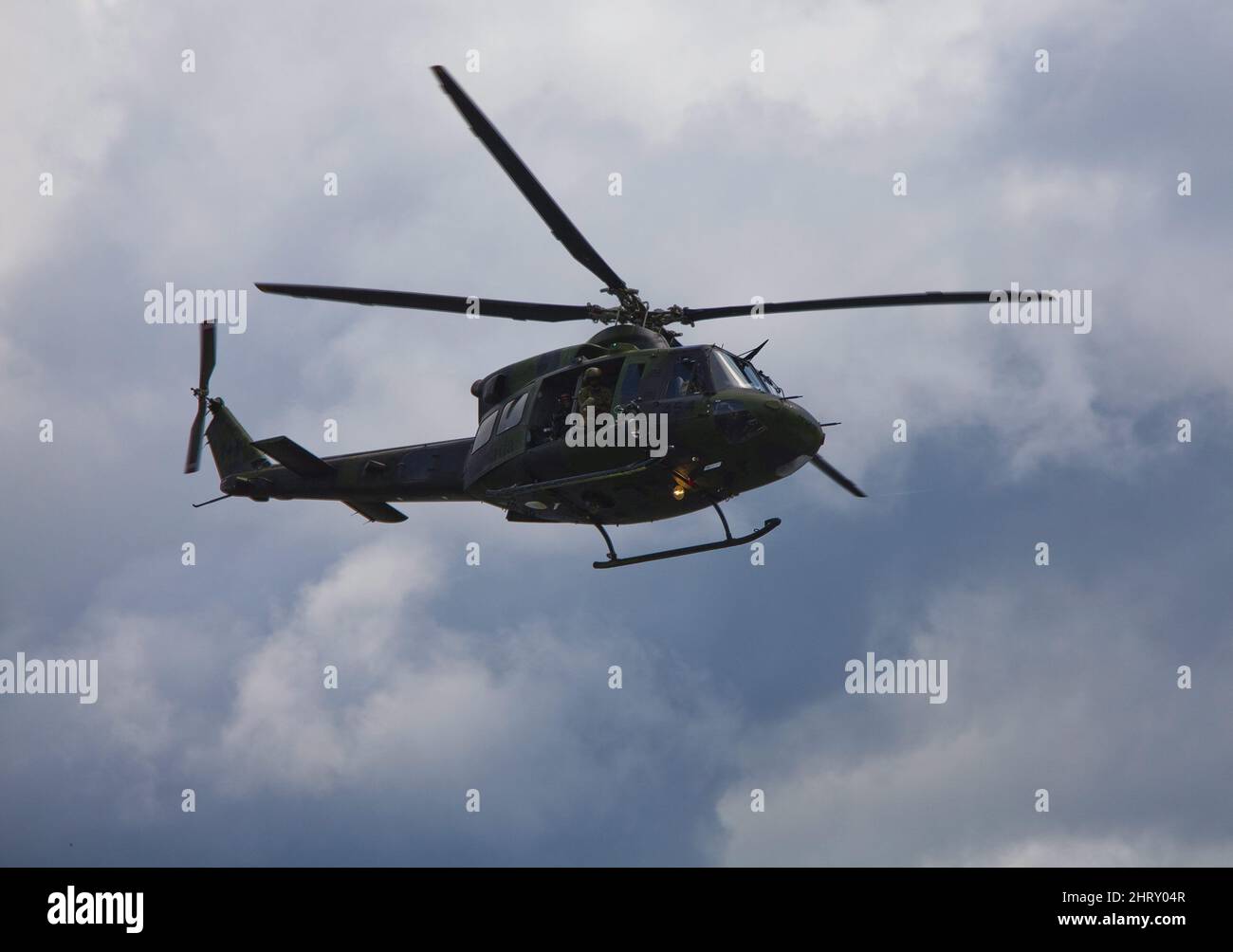 A Canadian military helicopter patrols on the eve of leaders arriving ...