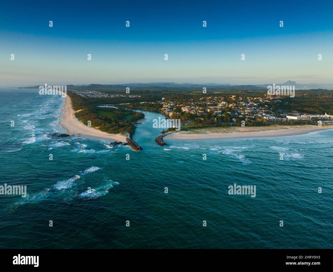 Cudgen Creek at Kingscliff showing the new Tweed Valley Hospital ...