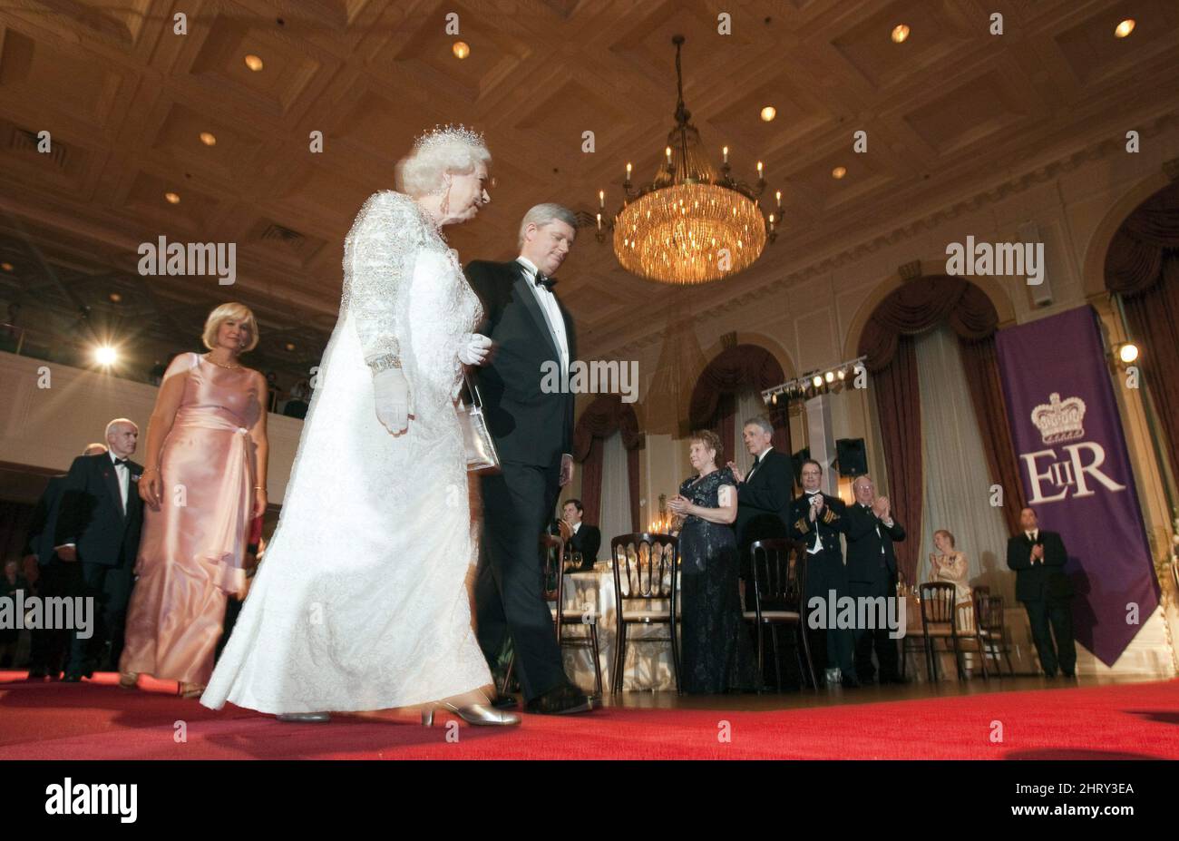 Queen Elizabeth II and Prime Minister Stephen Harper arrive for a state ...