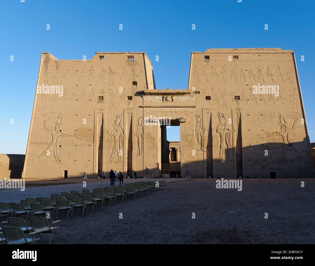 Entrance to the Temple of Horus Edfu with chairs in front of it in ...