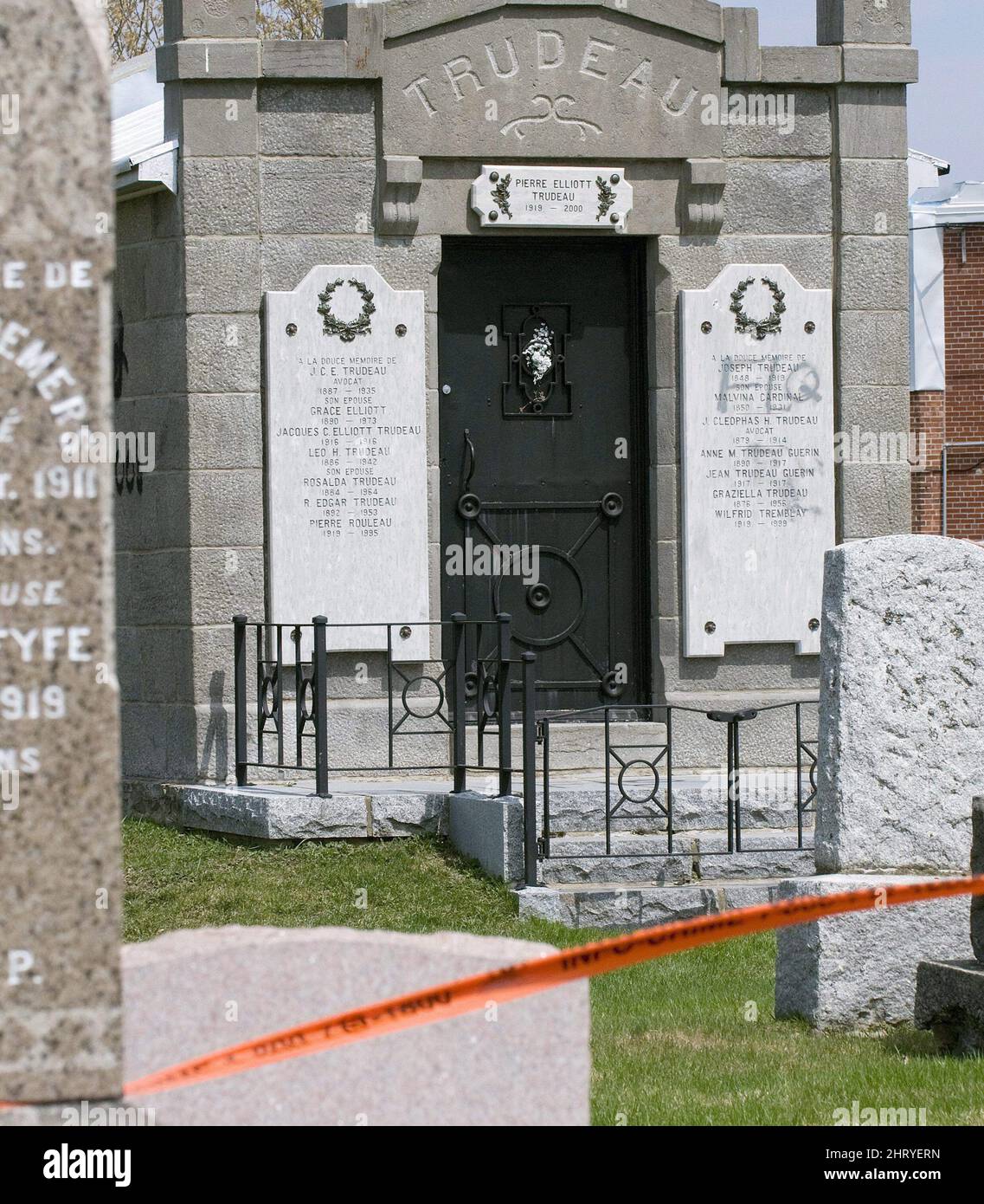 Graffiti is visible on the tomb of former prime minister Pierre Trudeau ...