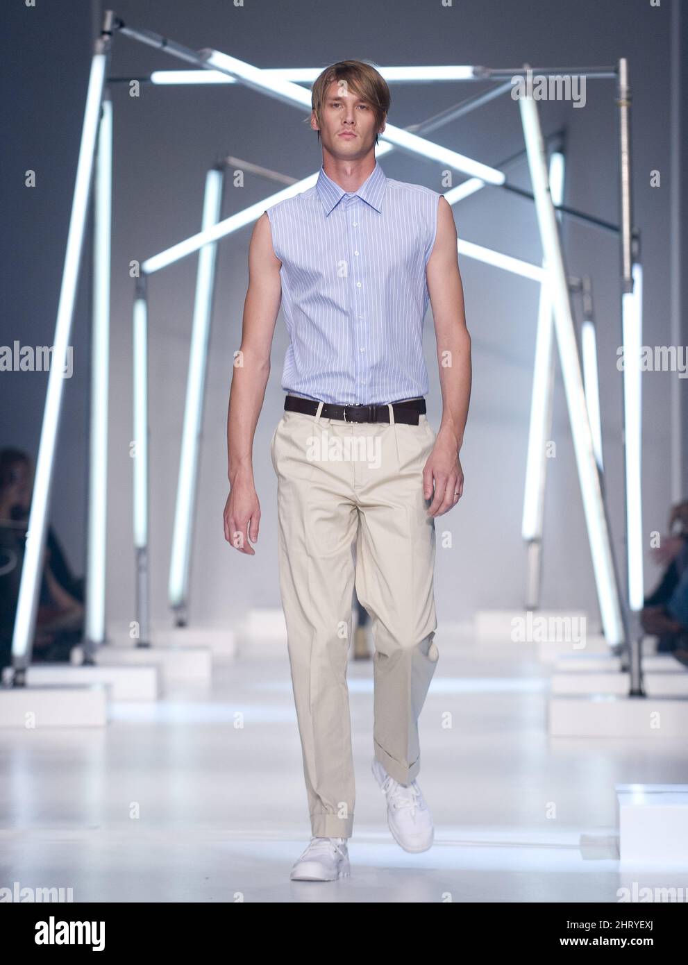 A model wears a design by Dimitri Chris during Montreal fashion week in ...