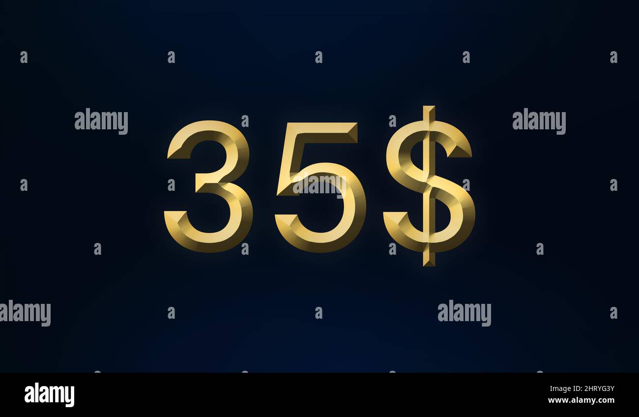 Illustration of a gold 35 dollars text isolated on a dark blue ...