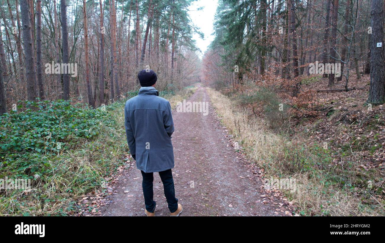 Adult man standing on a narrow pathway in a forest covered in dried ...