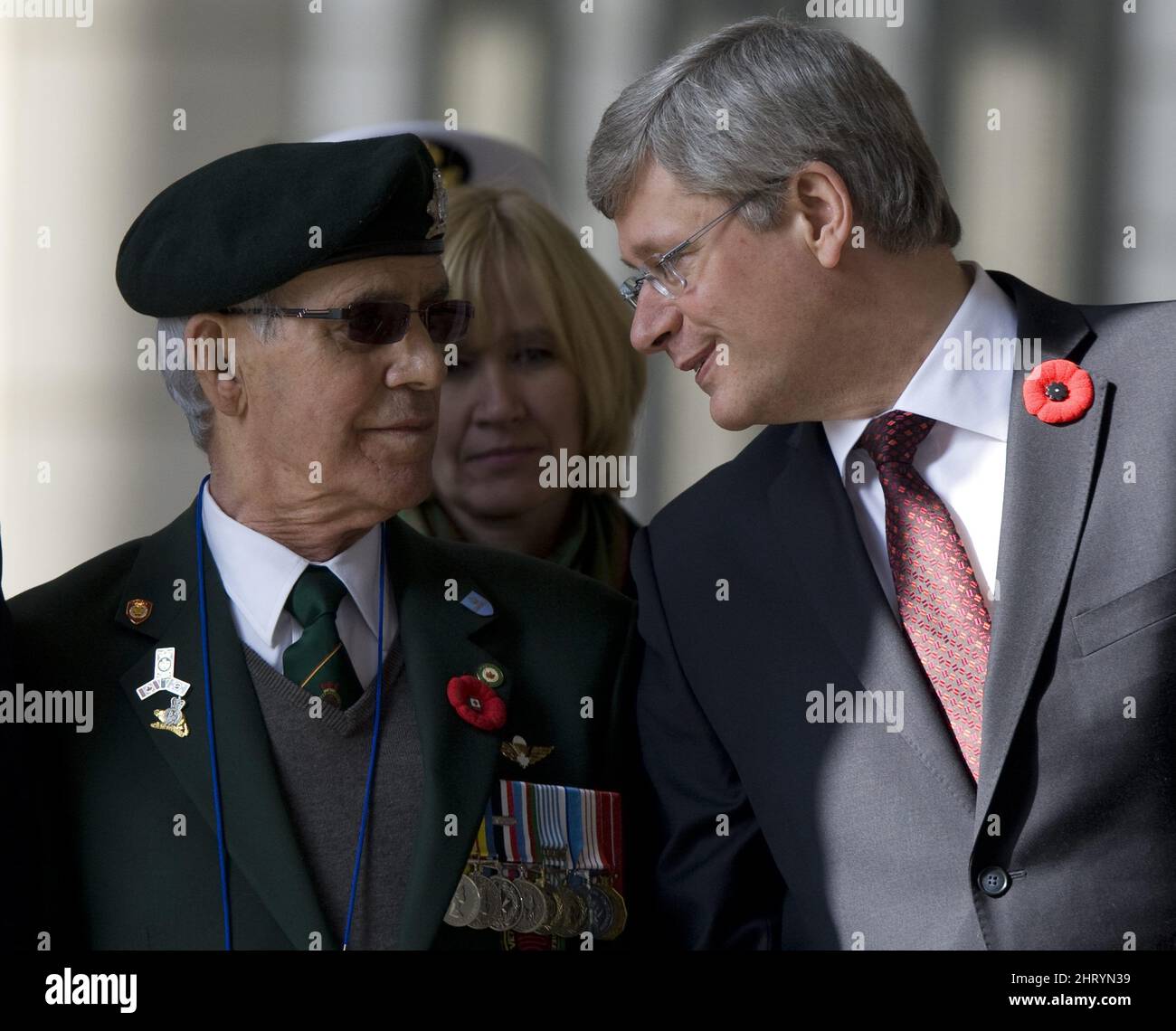 Prime Minister Stephen Harper speaks with Canadian Veteran Arsene Dube ...
