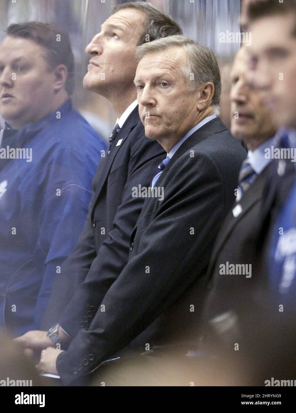 Toronto Maple Leafs head coach Ron Wilson watches from bench near the ...