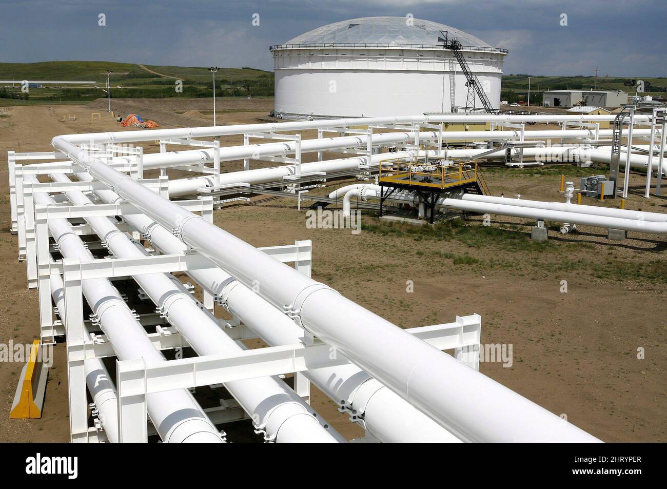 An oil pipeline and tank storage facility is shown in Hardisty, Alta ...