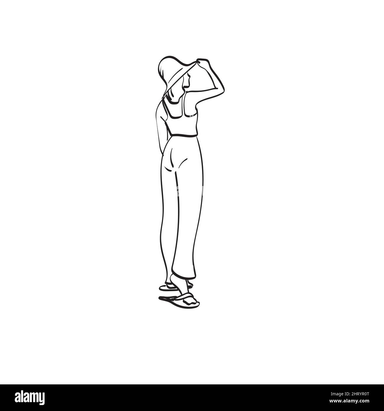 line art full length woman with big hat illustration vector hand drawn ...