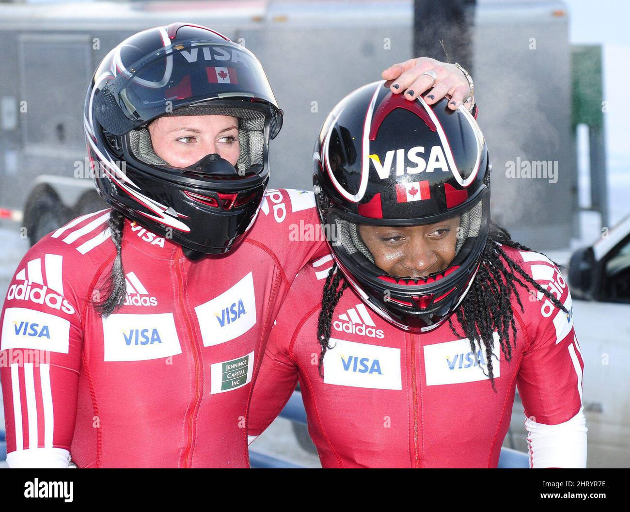 Canada's driver Helen Upperton, left, and Shelly-Ann Brown celebrate ...
