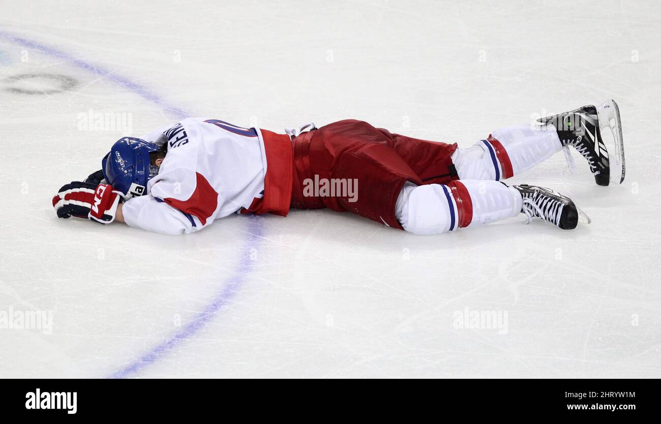 Team Czech defenceman Petr Senkerik lies on the ice after a hit from ...