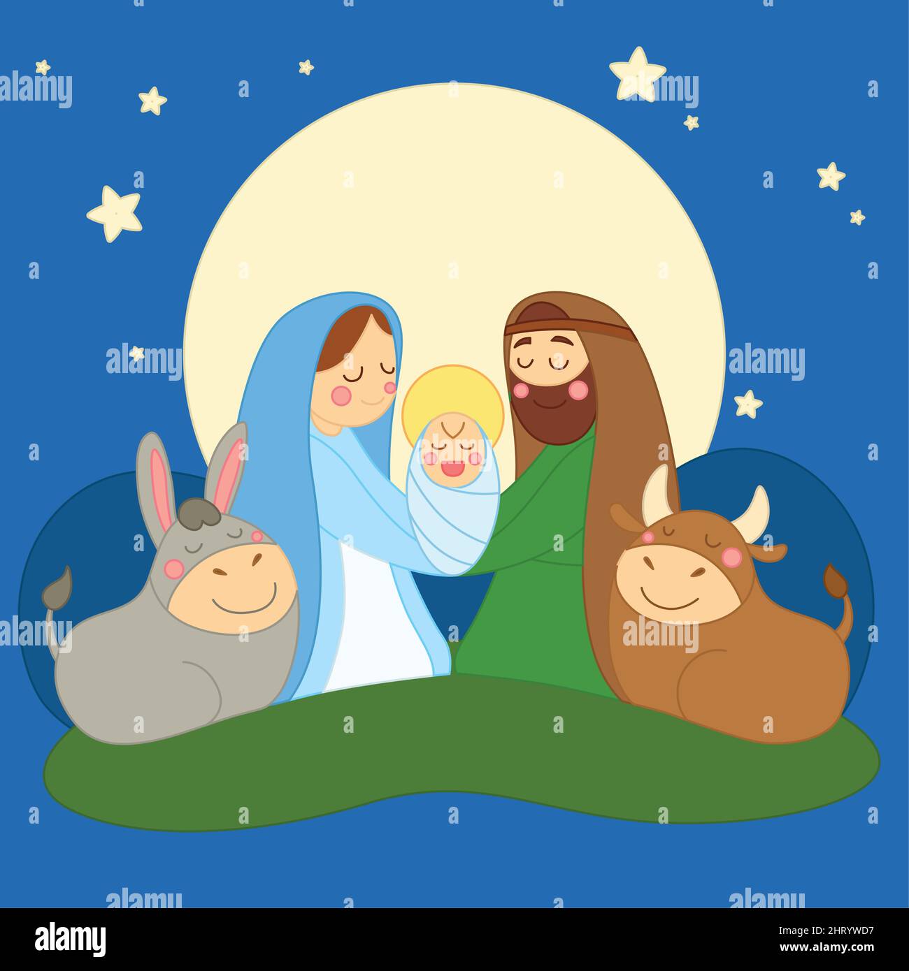 Nativity scene cartoon in the night Child Jesus Joseph and Mary Vector ...