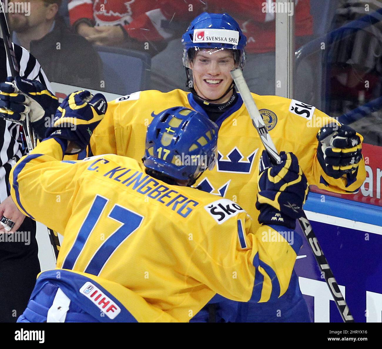 Team Sweden forward Carl Klingberg (17) congratulates teammate Oscar ...