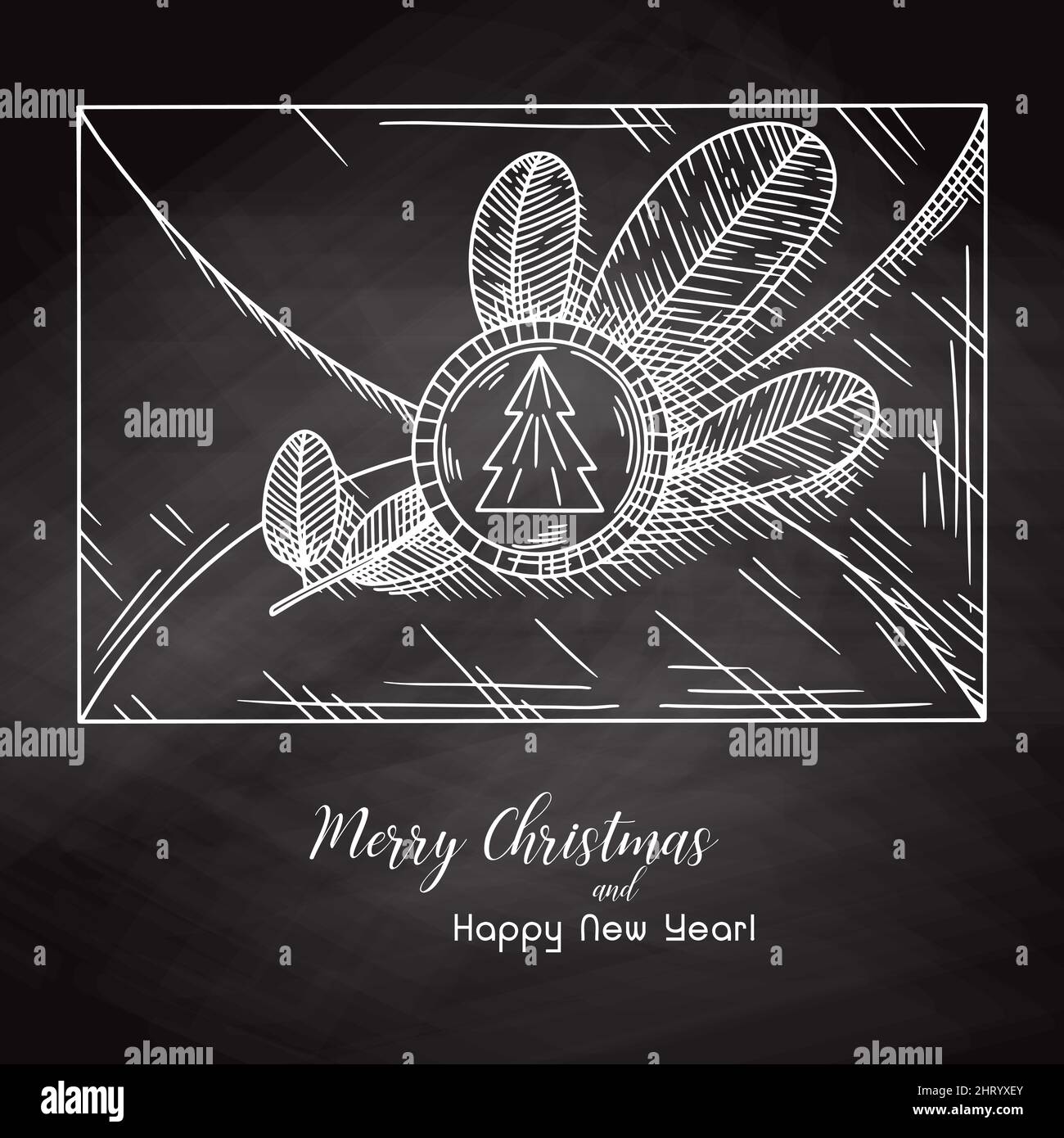 Envelope with a Christmas tree branch. Merry Christmas greetings ...