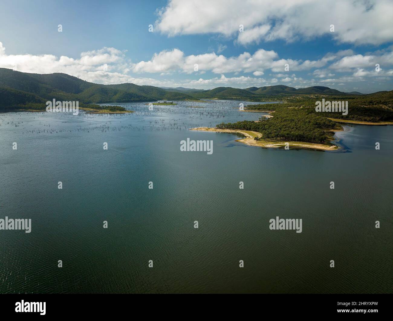 Low water levels make the dead trees visible on the surface of Eungella ...