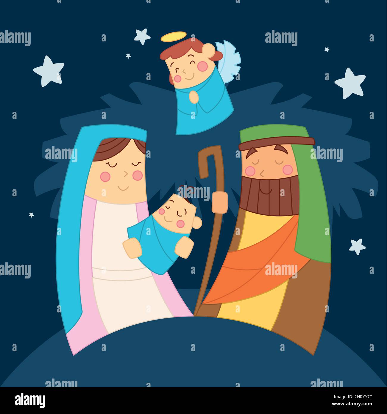 Child Jesus Joseph and Mary Cute angel Nativity scene cartoon Vector ...