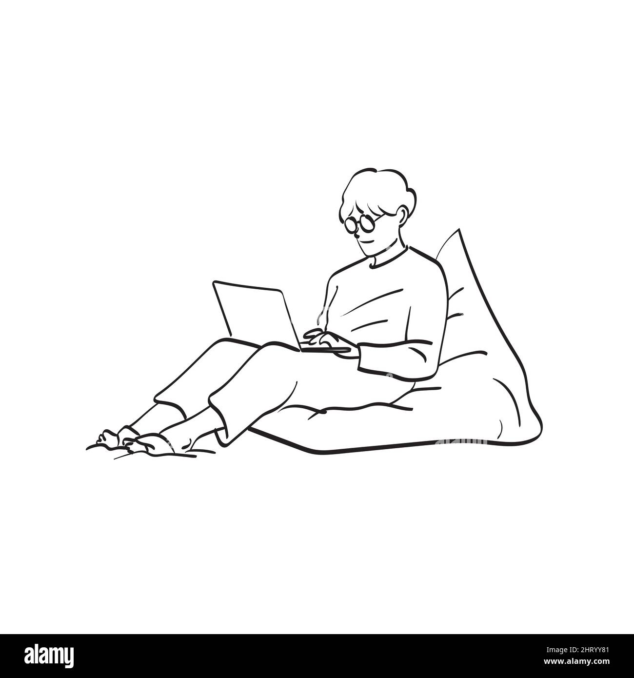 line art man with glasses using laptop computer on bean back ...