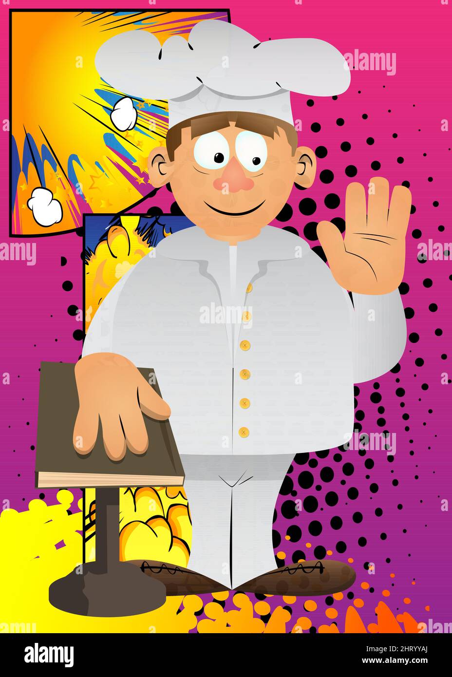 Fat male cartoon chef in uniform raising his hand and put the other on ...