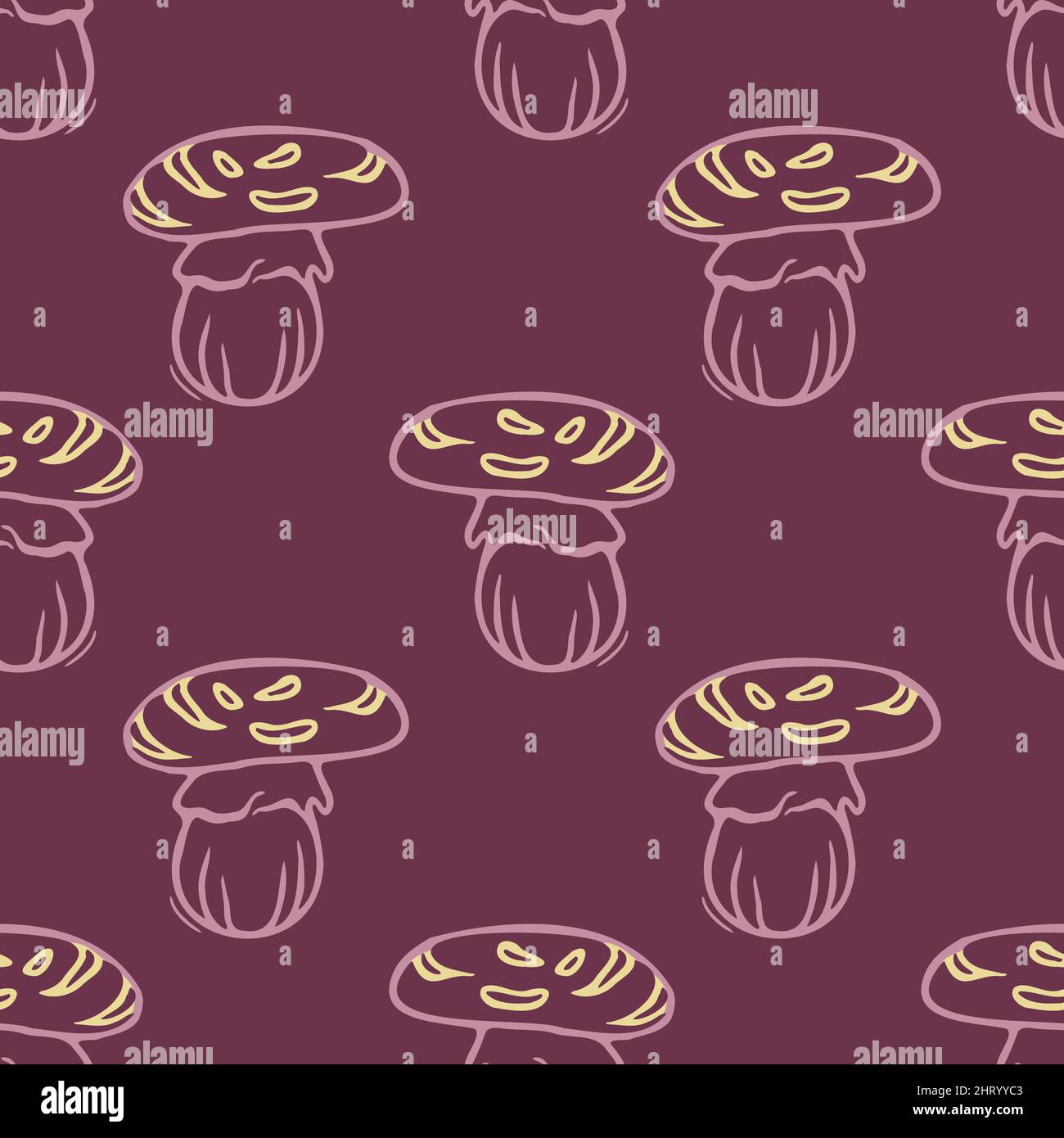 Hand drawn wild mushroom vector pattern. Seamless trendy purple biology ...