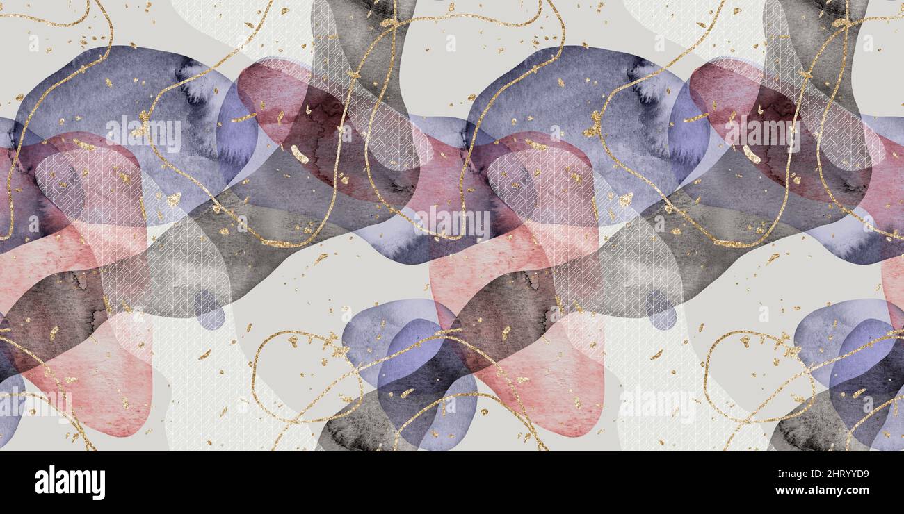 Seamless watercolor abstract organic blob shape overlay w gold lines ...