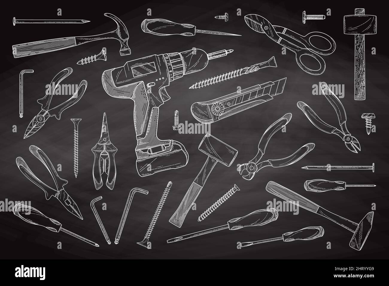 Set of various construction tools in sketch style. Vector illustration ...