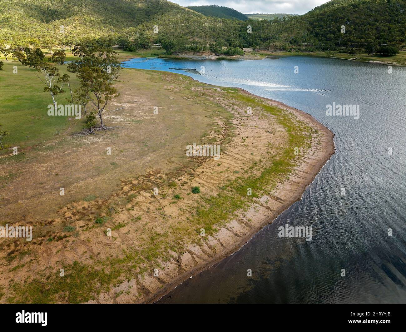Eungella Dam Queensland Australia with low water levels showing texture ...