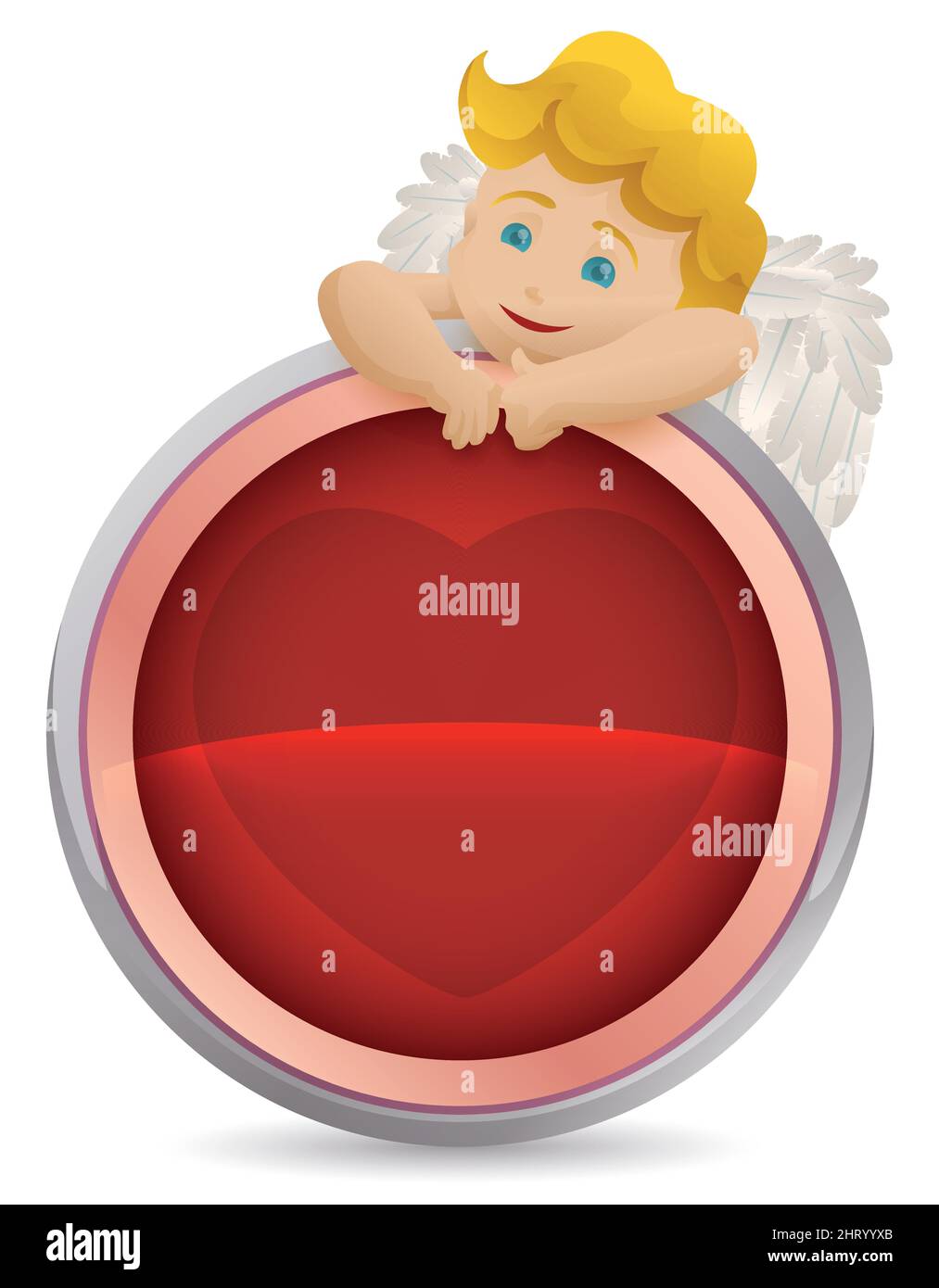 Round button with heart inside of it and blond Cupid resting over it ...