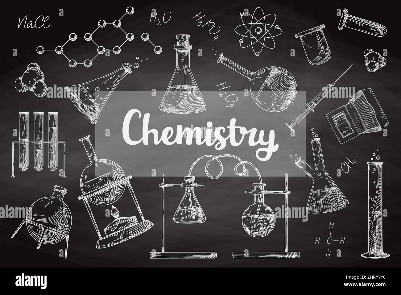 Set of different pharmaceutical flasks, beakers and test tubes. Sketch ...